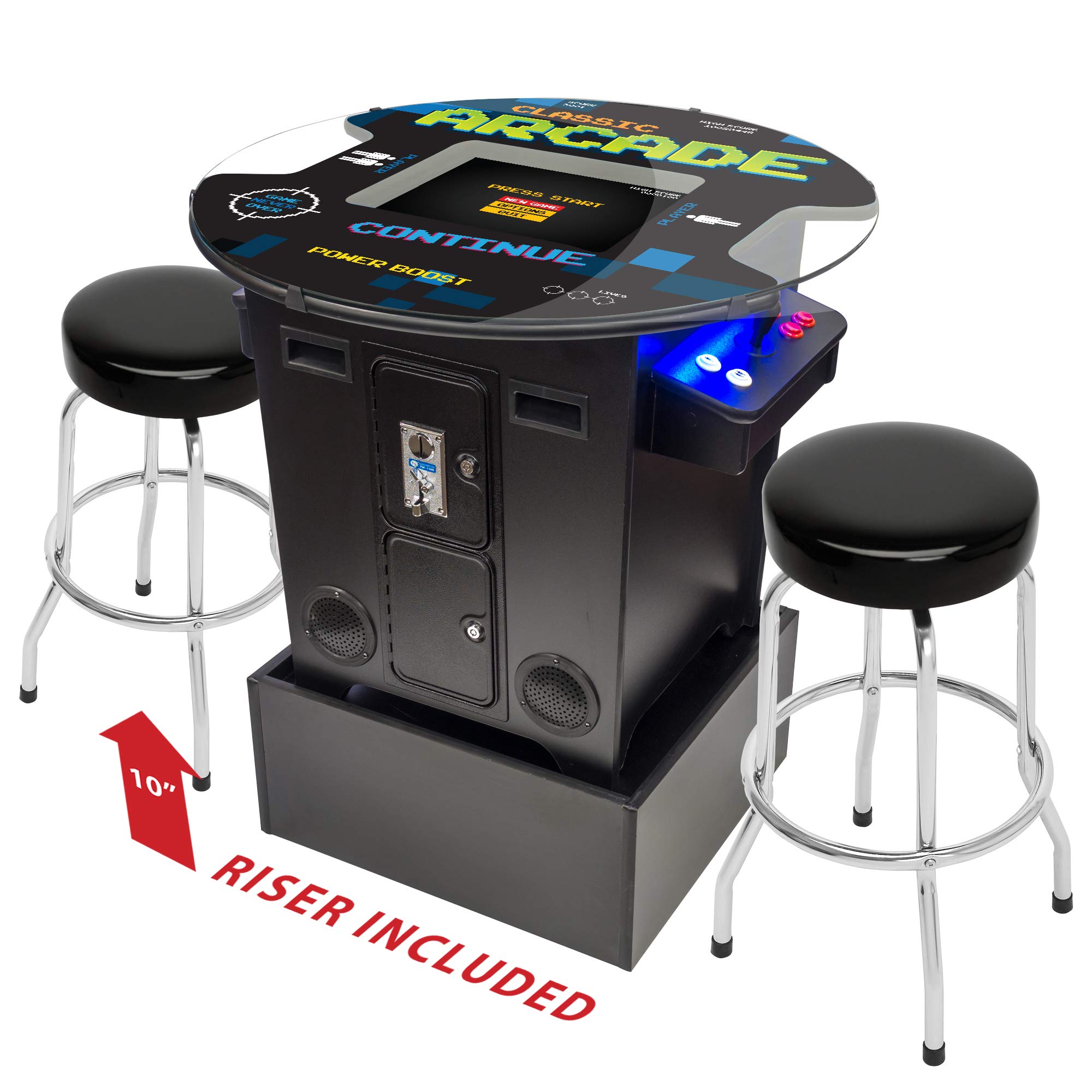 Creative Arcades Full Size Commercial Grade Cocktail Arcade Machine w/Riser | 2 Player | 412 Games | 22" LCD Screen | Round Glass Top | 2 Sanwa Joysticks | 2 Stools Included | 3 Year Warranty