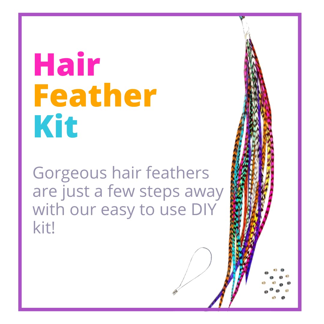 Feathers for Hair, 20 Rainbow Rooster Feathers Hair Extensions Kit with Silicone Beads and Loop Tool All Bright Colors- Pink, Blue, Red, Purple, Orange, Yellow, Green Striped Grizzly Feathers