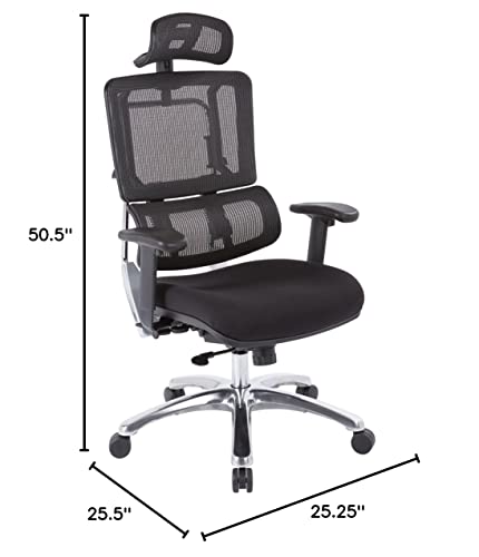 Office Star Pro X996 Fully Adjustable Manager's Office Chair with Lumbar Support, Black Mesh Back, Polished Aluminum Base and Coal FreeFlex Black Seat with Headrest