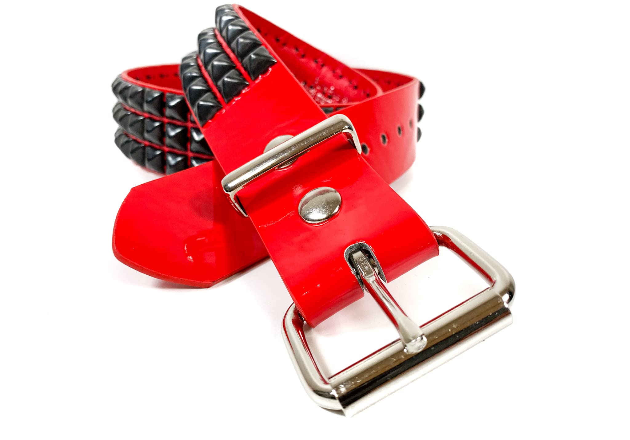 Patent Red Three Row Black Pyramid Stud Belt Vegan Leather Punk Goth Alternative USA Made (XL)
