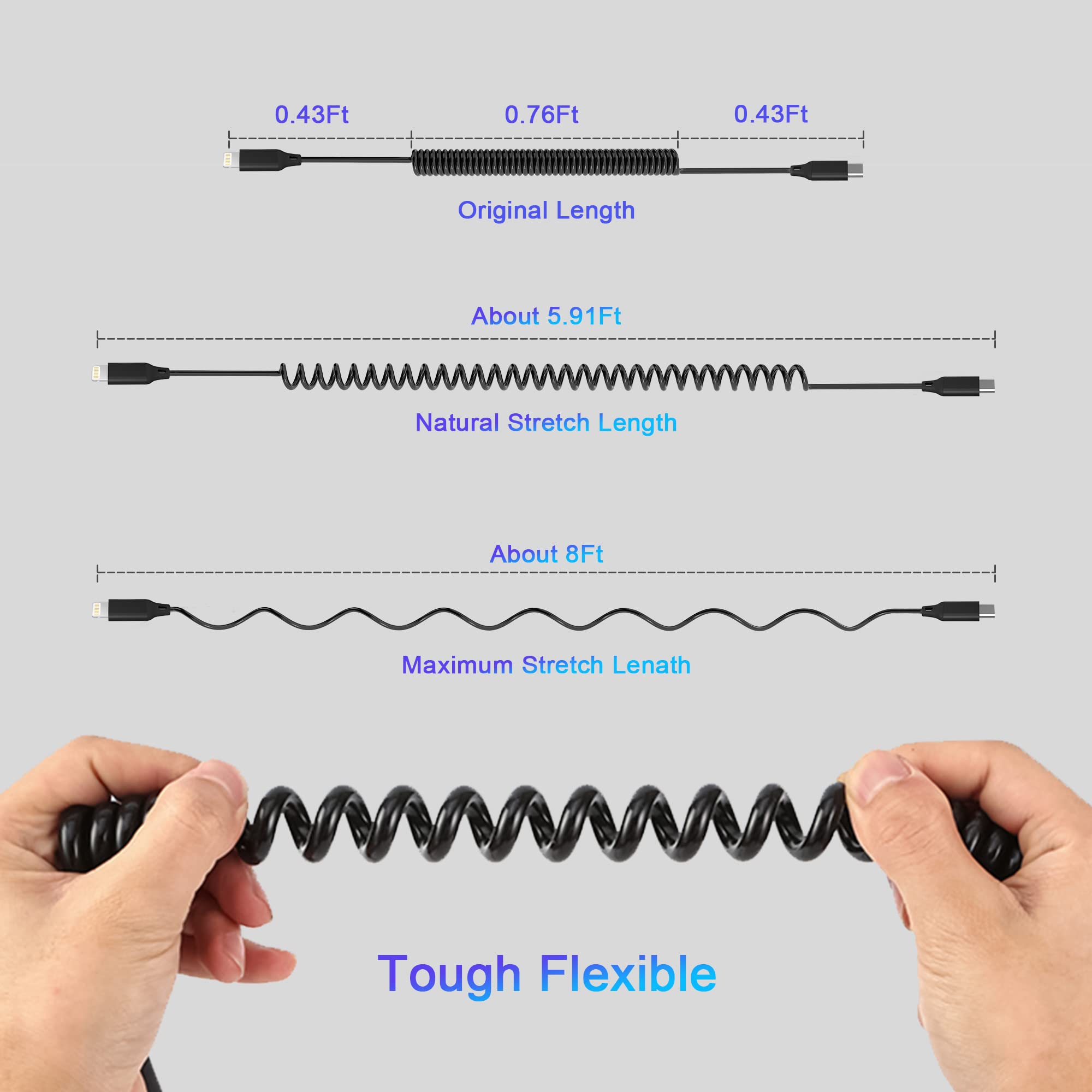 Bawanfa Coiled USB-C to Lightning Cable - MFi Certified Retractable USB C iPhone Cord - Short Charging Cable for Car Compatible with iPhone 13 12 11 Pro Max XR XS X (CarPlay Compatible)