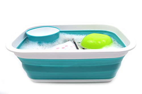 SAMMART 2 pcs Set : 42L (11 Gallon) Collapsible Plasic Laundry Basket & 9.2L (2.37 Gallon) Collapsible RectangularTub (Laundry Basket+Tub, Light Green+Bright Blue)