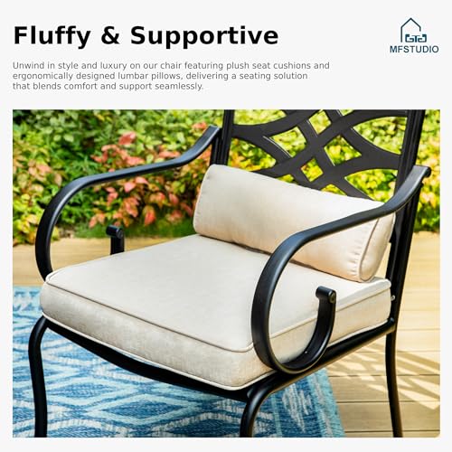 MFSTUDIO 7 Pieces Outdoor Patio Dining Set for 6, Steel Frame Slat Larger Rectangular Fretwork Table with 1.7" Umbrella Hole and 6 Metal Mesh Chairs for Backyard, Garden, Lawn