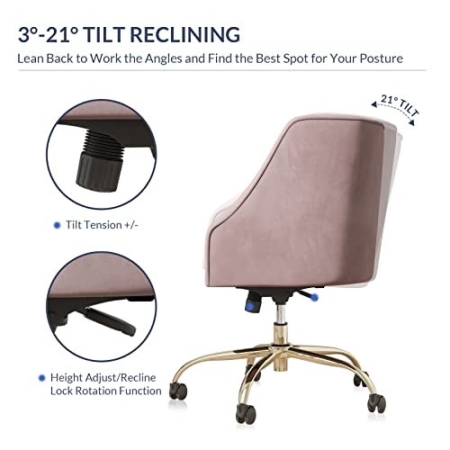 BELLEZE Modern Home Office Chair, Rolling Swivel Desk Chair, Upholstered Velvet Accent Chair, Stylish Comfy Vanity Chair, Adjustable Height - Braelynn (Pink)
