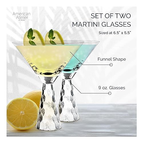 American Atelier Daphne Martini Glasses | Set of 2 | Hammered Metal Design | 9-Ounce Capacity | Elegant Cocktail Barware for Martini or Cosmopolitan (Silver)