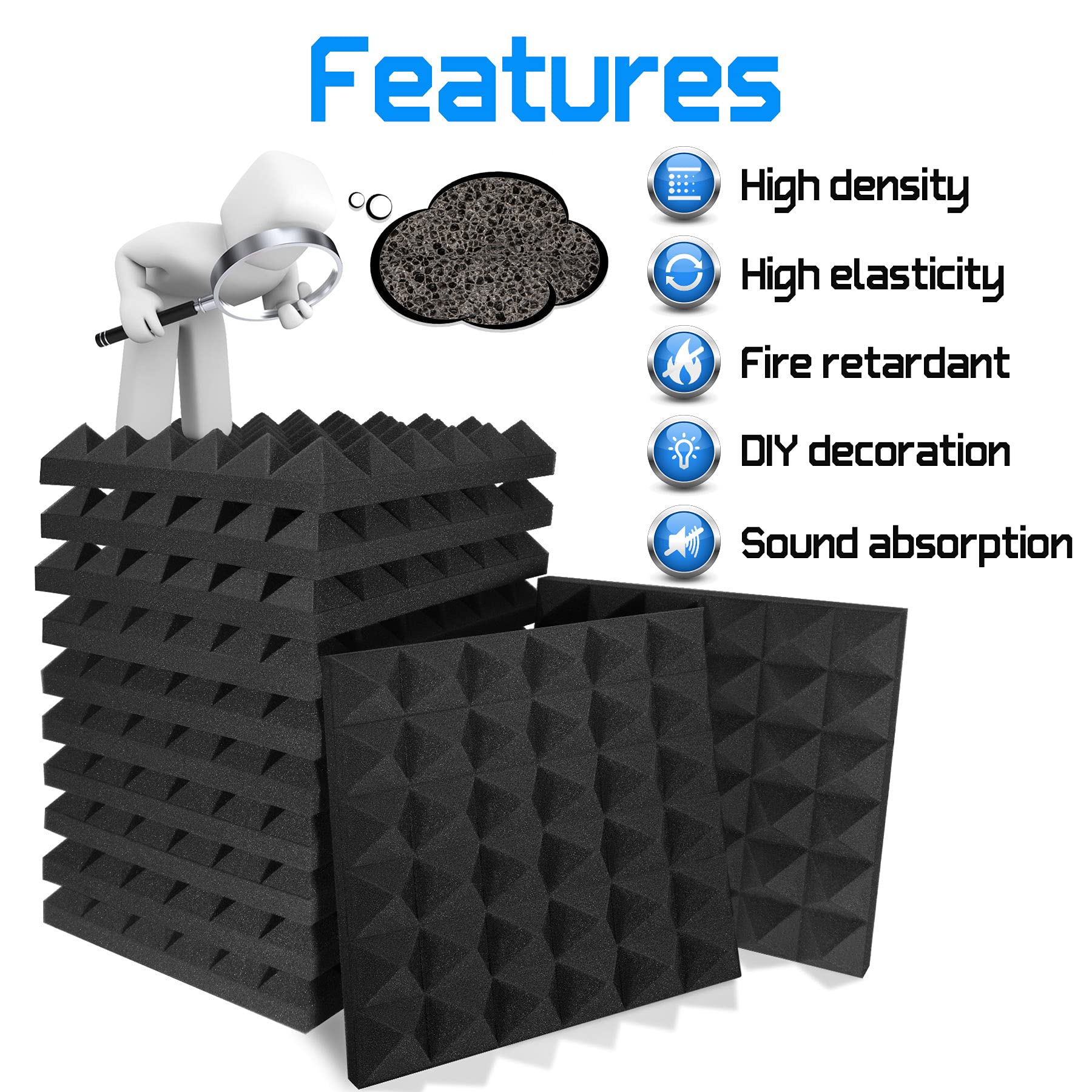 Acoustic Foam Panels, 12Pack 2" X 12" X 12" SoundProof Padding Foam Panels, Studio Foam Pyramid Tiles Sound Absorbing Dampening Foam Treatment Wall Panels