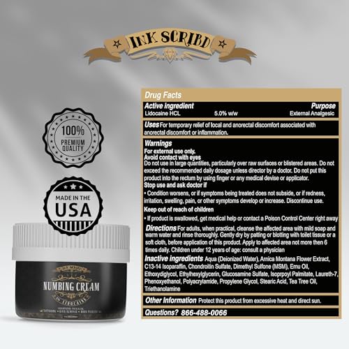 Ink Scribd Premium Tattoo Numbing Cream Topical Pain Treatment for Tattoos. Also for Laser Hair Removal, Brazilian Waxing, Microblading, Microneedling - Maximum Strength 5% Lidocaine (1oz)