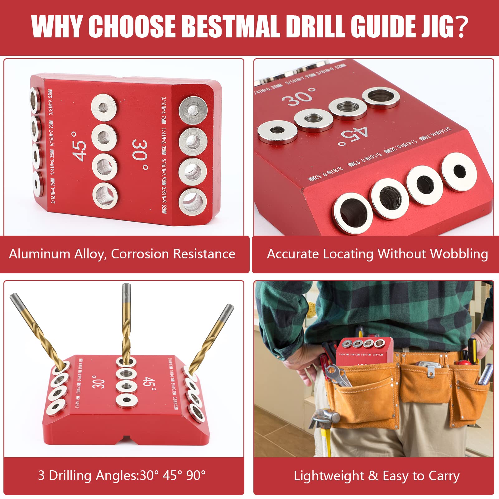 BestMal Drill Guide Jig, 4 Bits for Straight and 30 45 90 Degree Angled Holes, 4 Sizes, All Metal Jig for Stairs Handrail, Cable Railing, Deck, Wood Post and Lag Screw
