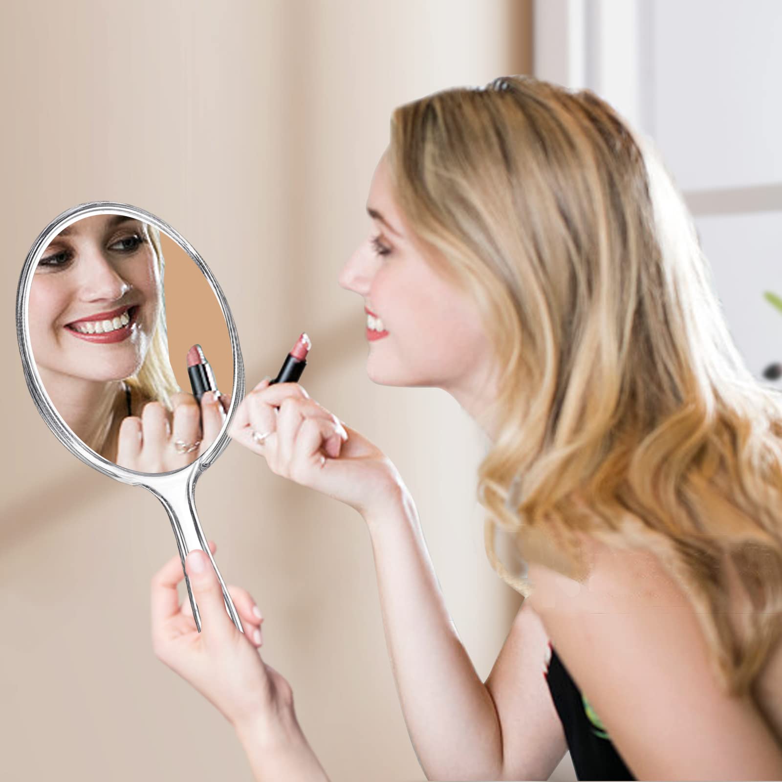 AMMON Handheld Mirror with Handle Double Sided Makeup Mirror 1X/ 2X Magnifying Mirror Portable Clear Rounded Shape Travel Hand Mirror (Clear)