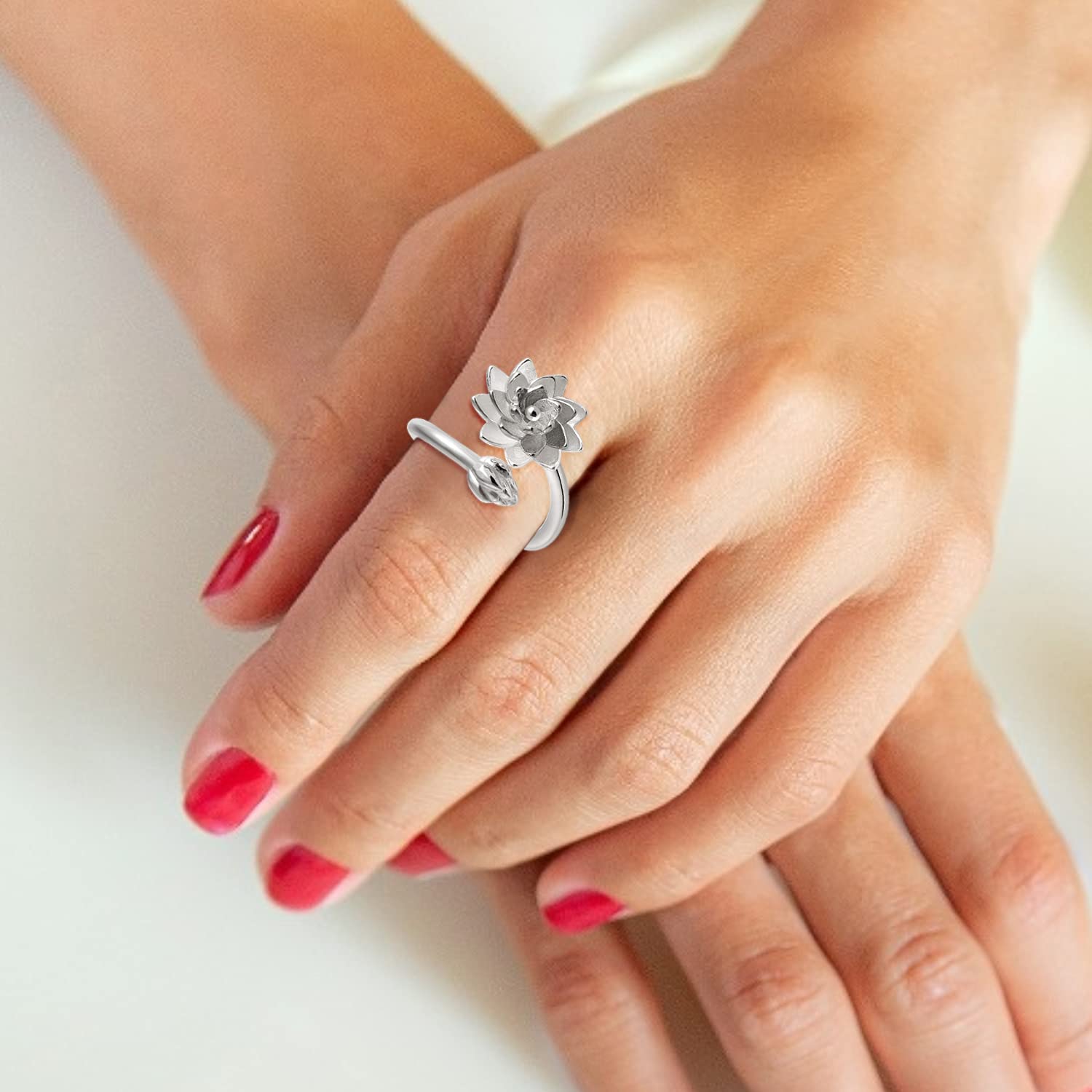 990 Silver Fidget Ring [Lotus Version] for women and girls, adjustable size anxiety relief gift for her (with premium black-green box)