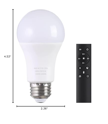 MXhme A19 LED Light Bulbs with Remote Control, 800LM 9W, 60W Equivalent LED Bulbs,Stepless Dimmable 3000K-6000K,E26 Base,CRI 80+,2.4GHz,25000+ Hours Lifespan,Light Bulb for Home Decor,1Bulb&1Remote