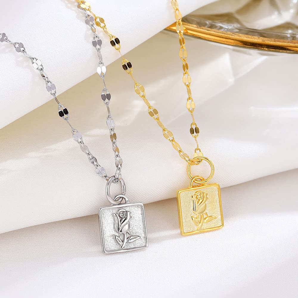 925 Sterling Silver Dainty Dog Tag Pendant Necklace Rose Flower Embossed Flora Jewelry for Women (Gold)