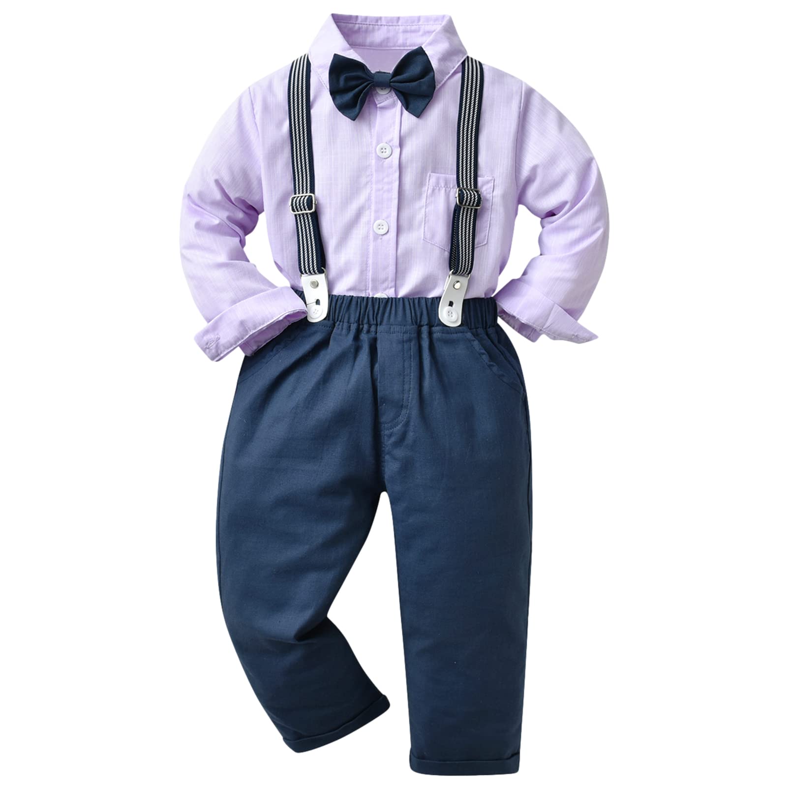 amokk Gentleman Outfits Formal Wear for Toddler Baby Boys Bow Tie and Suspenders Clothing Set (Purple-Navy, 18-24 M)