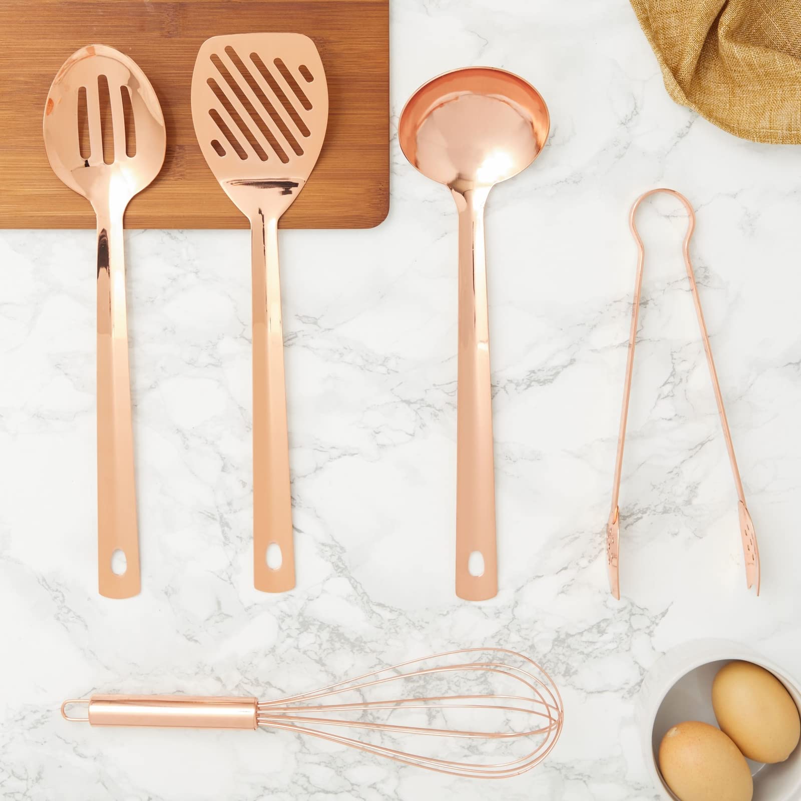 5 Pcs Copper Cooking Utensils Set, Rose Gold Cookware with Ladle, Whisk, Tongs, Slotted Spatula, Spoon, Copper Kitchen Tool Set, Cooking Accessories and Serving Utensils