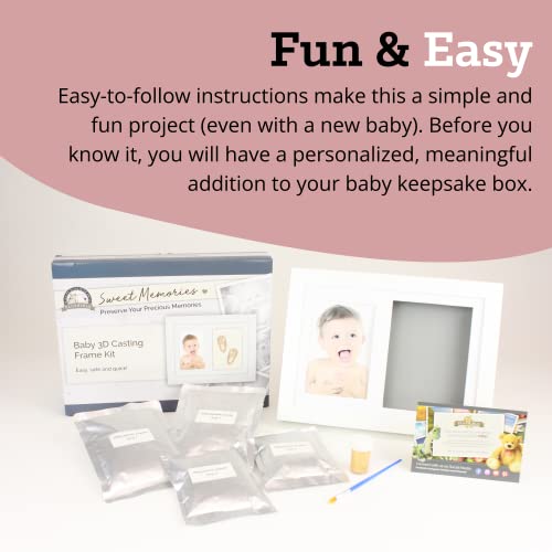 PLUSHIBLE Baby Handprint Footprint Keepsake Kit, New Mom, Grandma, For Mom, Baby Hand and Footprint Kit, Personalized, Baby Registry, Picture Frame, 3D Casting Kit, White Frame, Gold Prints