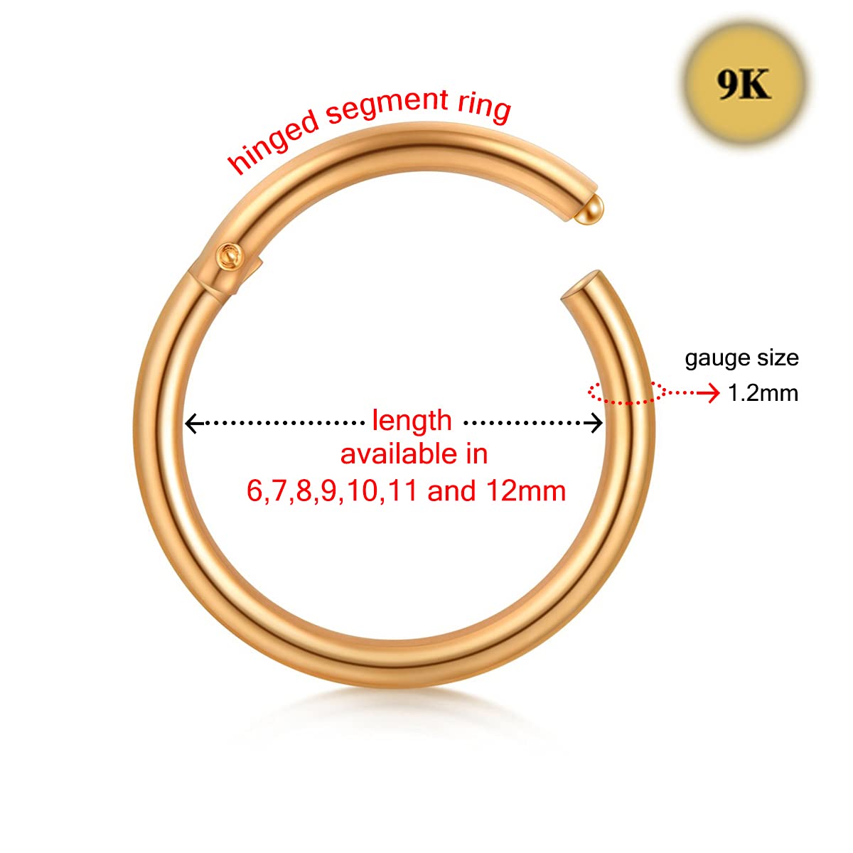9K Solid White Gold 16 Gauge (1.2MM) - 10MM Diameter Hinged Clicker Segment Ring Ear Septum Tragus Helix Piercing Jewelry