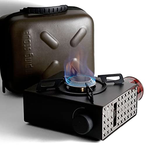 ADDOT Portable Butane Stove - Compact Single Gas Burner for Camping, Backpacking, and Travel - Piezo Electric Ignition - Includes Carrying Case (Black)