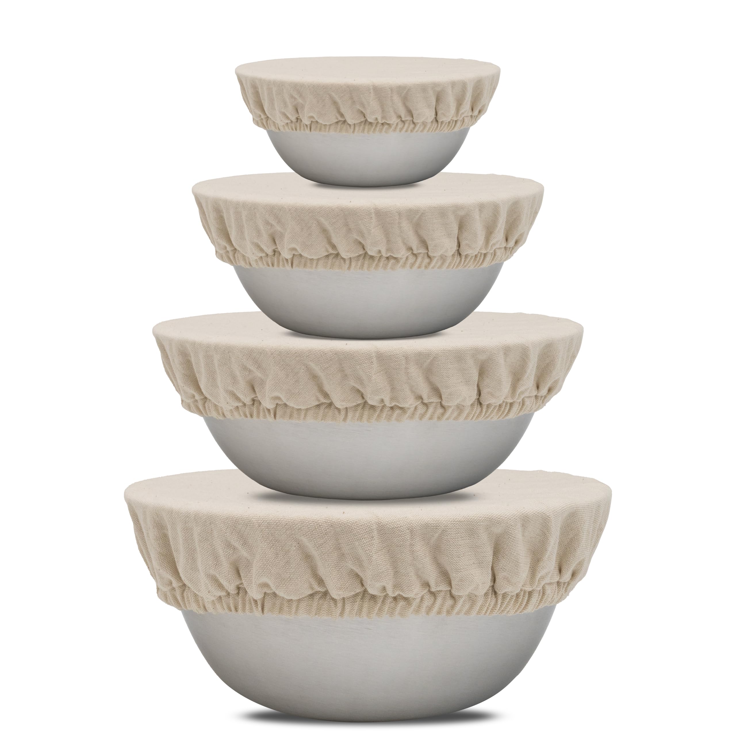 Reusable Fabric Bowl Covers for Bread Proofing - 4 Pieces, Washable and All-Natural 100% Cotton Cloth Bowl Covers for Bread Rising - Elastic Closure Fits Multiple Bowl Sizes (Off-White)