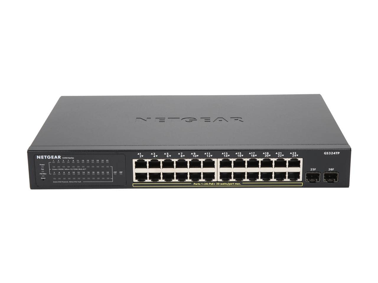 NETGEAR 26-Port PoE Gigabit Ethernet Smart Switch (GS324TP) - Managed, with 24 x PoE+ @ 190W, 2 x 1G SFP, Desktop or Rackmount, S350 series