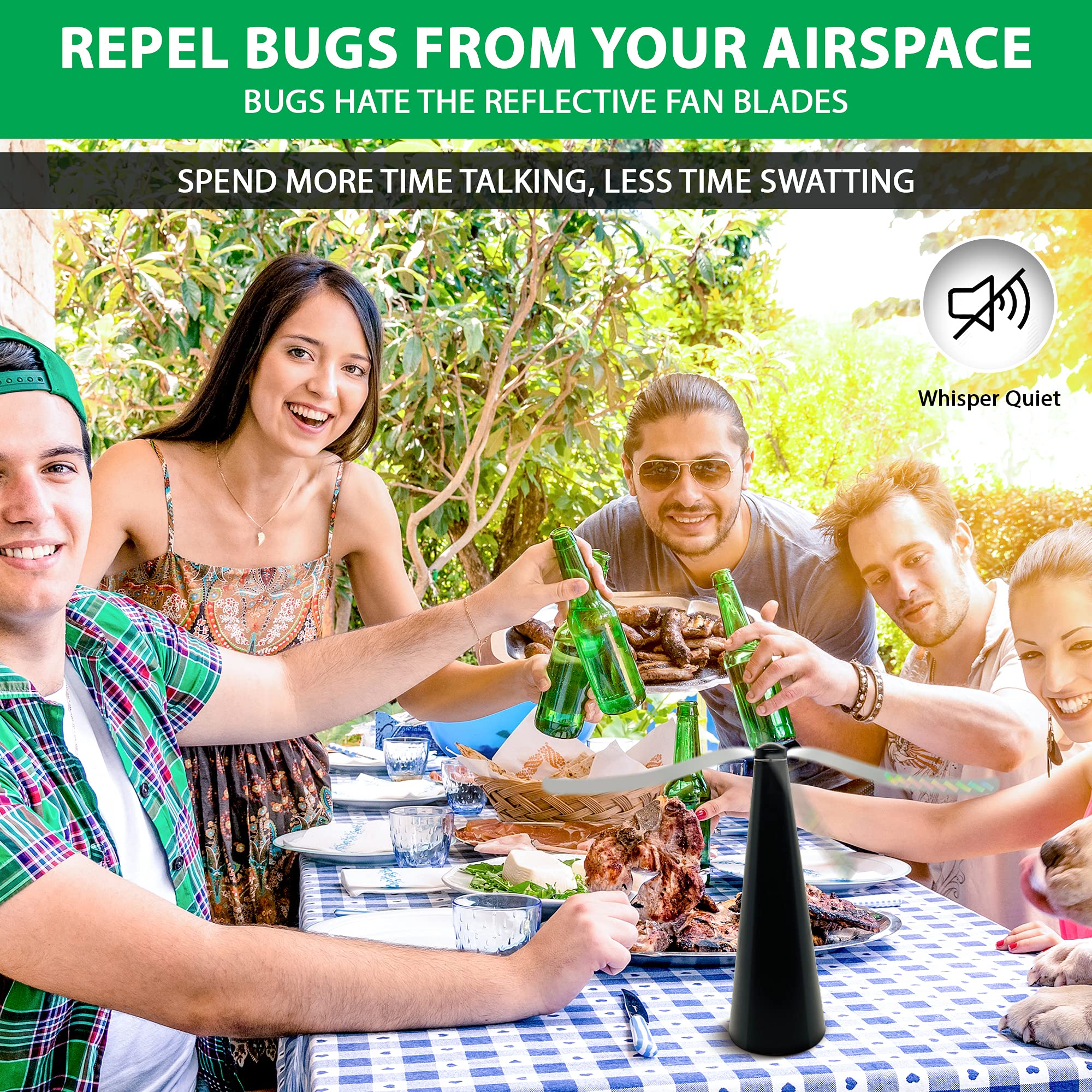 Fly Away - 3 Pack Outdoor Fly Repellent Fan, Outside or Inside Table use, Restaurant, Barbeque, Events, Deter Flies, Wasps, Bees, Other Moscas and Bugs Away, Battery Operated, Tabletop, Hanging Hook.