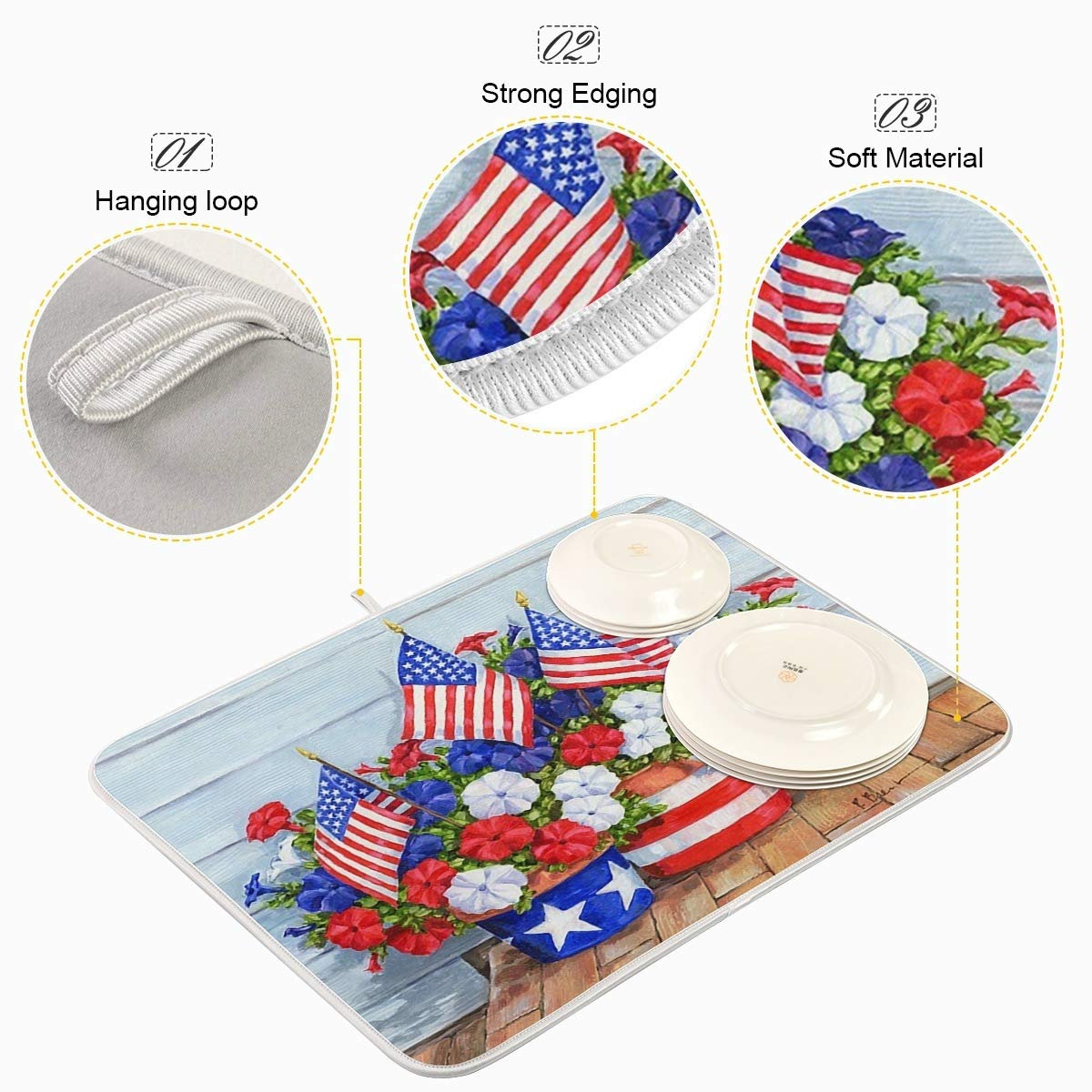 American Flag Spring Summer Flower Poppy Dish Drying Mat 18x24 for Kitchen Memorial Independence Day 4th of July USA Flag Dishes Pad Dish Drainer Rack Mats Absorbent Fast Dry Kitchen Accessories