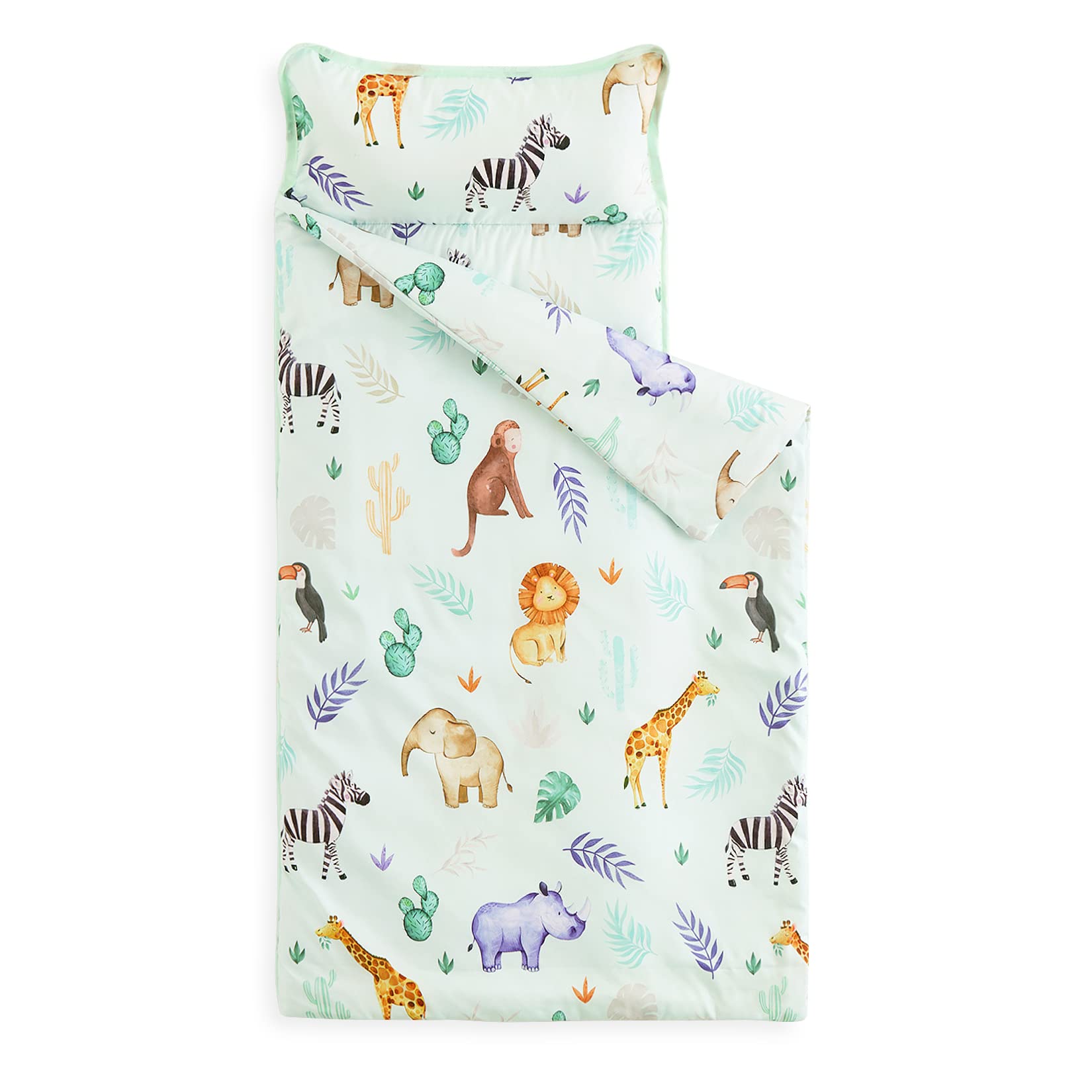 Wake In Cloud - Nap Mat with Removable Pillow for Kids Toddler Boys Girls Daycare Preschool Kindergarten Sleeping Bag, Elephant Lion Zebra Animals Printed on Green,100% Soft Microfiber