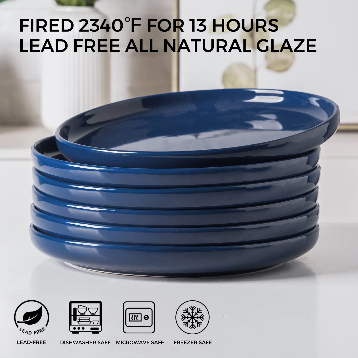 AmorArc Ceramic Plates Set of 6, 8.0 Inch Round Stoneware Salad Plates Use for Dessert, Salad, Appetizer etc,Microwave and Dishwasher Safe, Scratch Resistant Small Deep Dinner Plates-BLUE