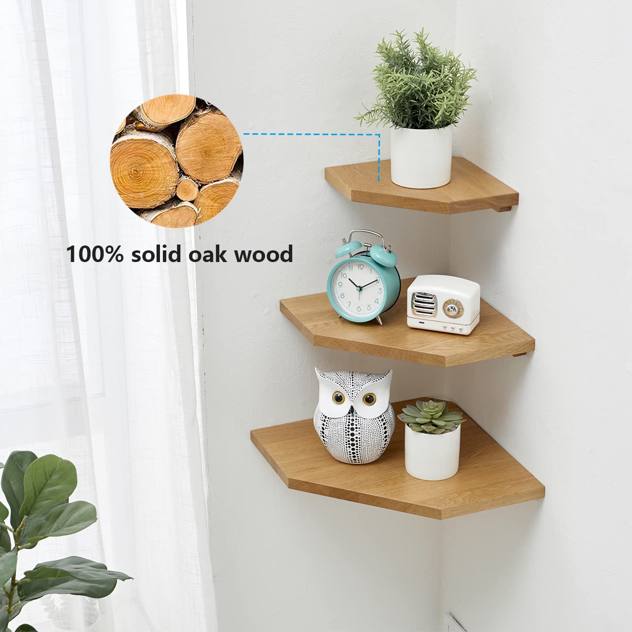 Corner Wall Shelf, Corner Floating Shelves Set of 2 Solid Oak Wood Corner Shelves Wall Mount Display Shelf with Wire Hole Small Plant Display for Kitchen Living Room Bedroom