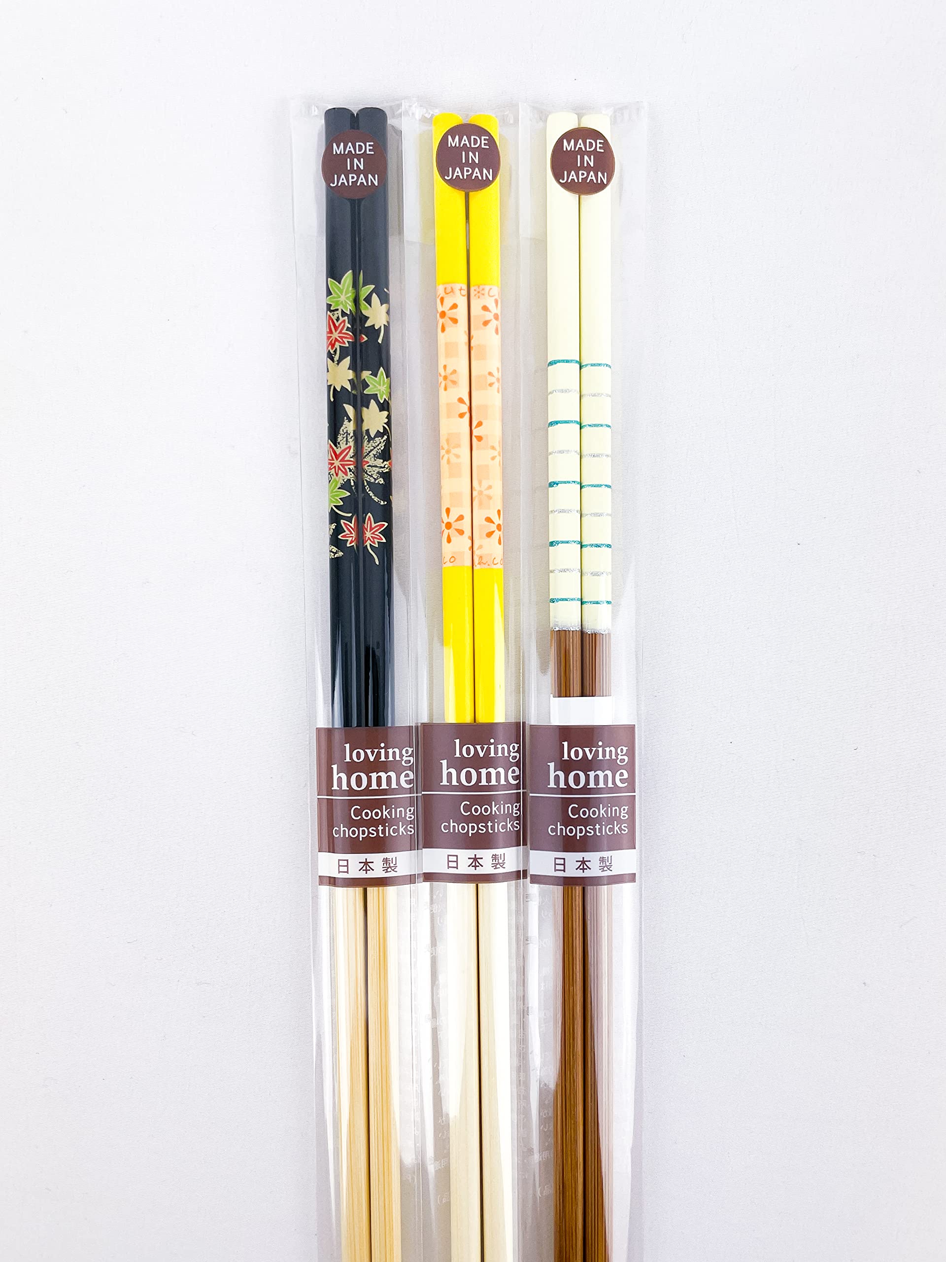 Set of 3 Assorted Cooking Chopsticks, Made in Japan, Natural Bamboo Saibashi, 13inches, Cute Shiba Inu Pattern, Traditional Japanese pattern, Simple Modern Pattern, Colorful Pattern