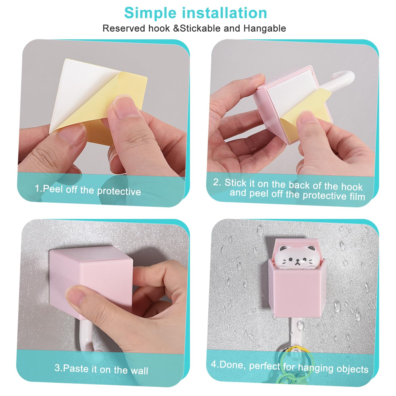 Tophoniex Cute Cat Key Hook, Sticky Coat and Hat Hook, 4 Cute Cat Key Hooks, Plastic Pet Wall Hook for Hanging Keys, Used for Coats, Jackets, Bags, Wall Decoration