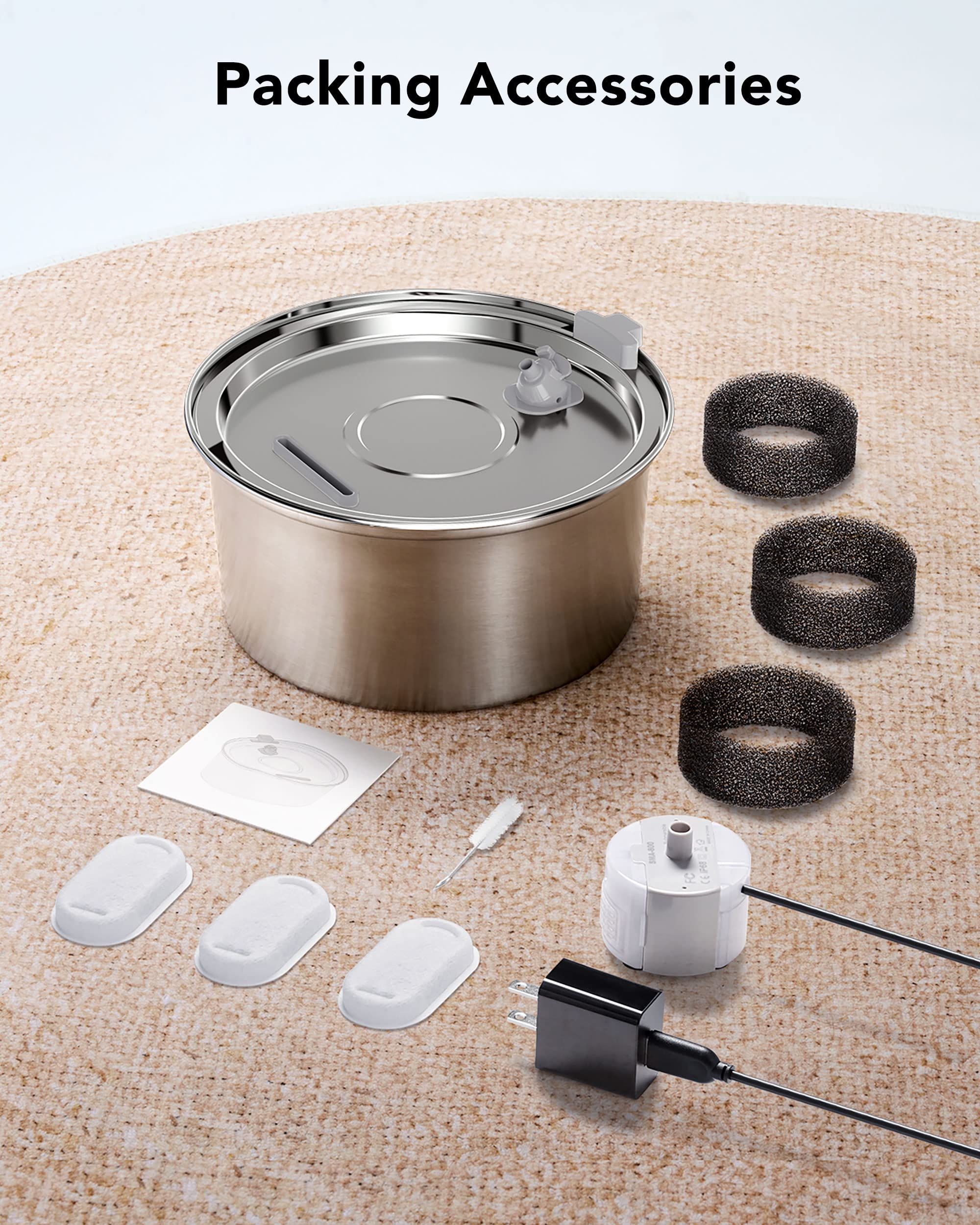Cat Water Fountain Stainless Steel, HICC PULE 108oz/3.2L Automatic Pet Water Fountain, Dishwasher Safe Dog Water Dispenser with Adjustable Water Flow, Ultra-Quiet Pump, Multi-Filtration