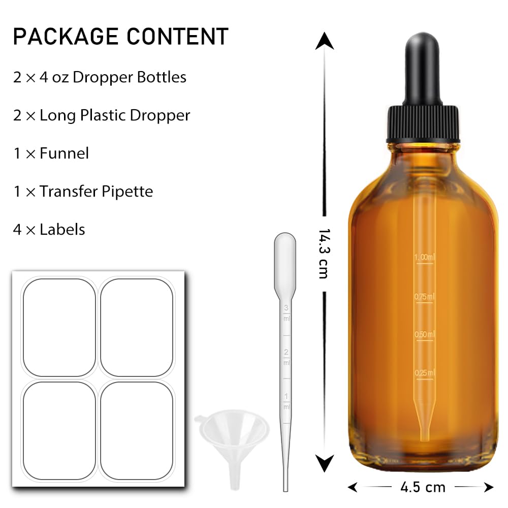 Bumobum 2 Pack 4 oz Amber Dropper Bottles, Tincture Bottles with Dropper, Glass Serum Bottle with Dropper for Essential Oils with Funnel, Labels & Pipette(Unbreakable Plastic Eye Dropper)