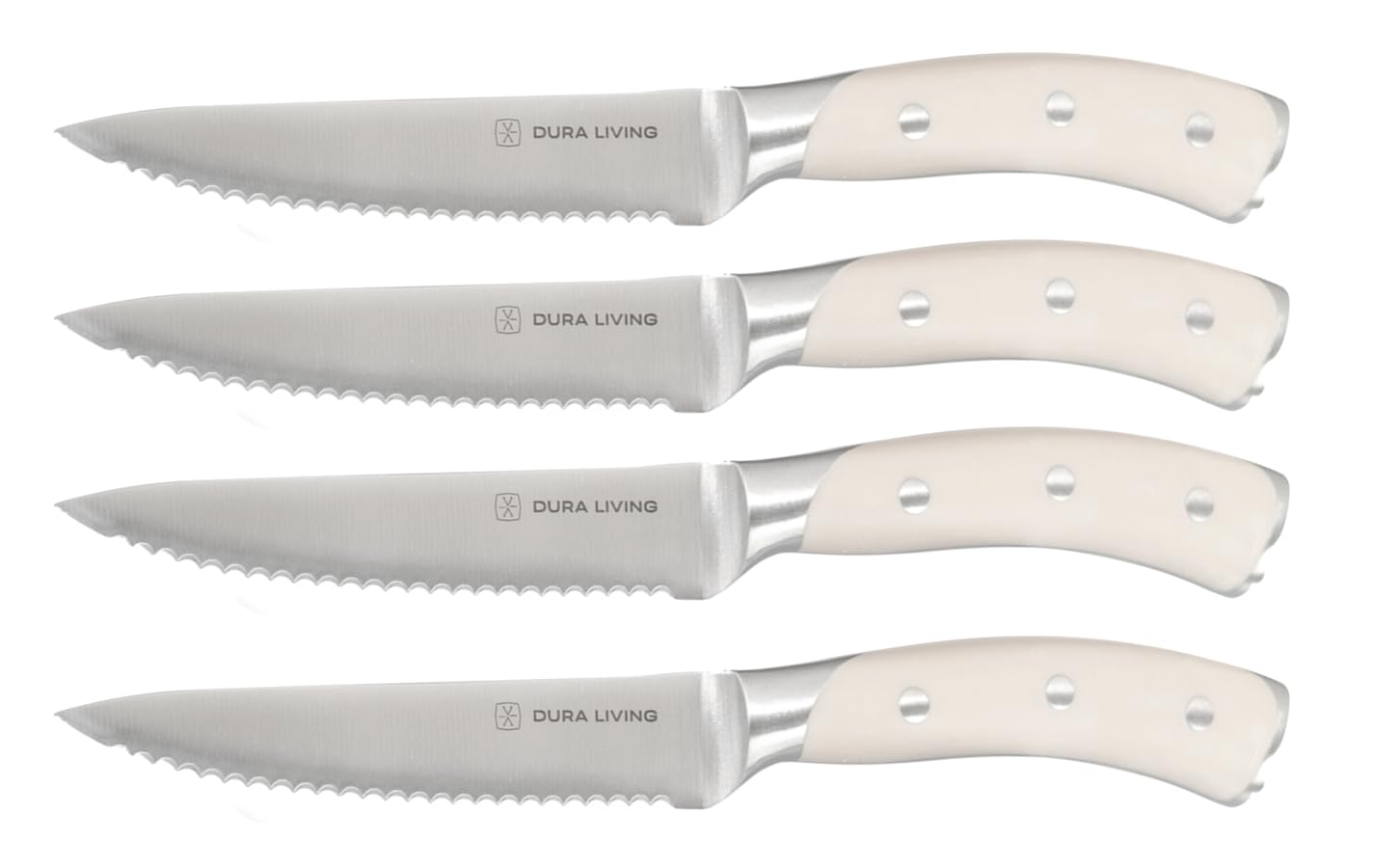 DURA LIVING 4-Piece Serrated Kitchen Steak Knife Set β Forged High Carbon Stainless Steel, Ultra Sharp, Ergonomic Black Handles, Durable Dinner Knives, Cream Handle