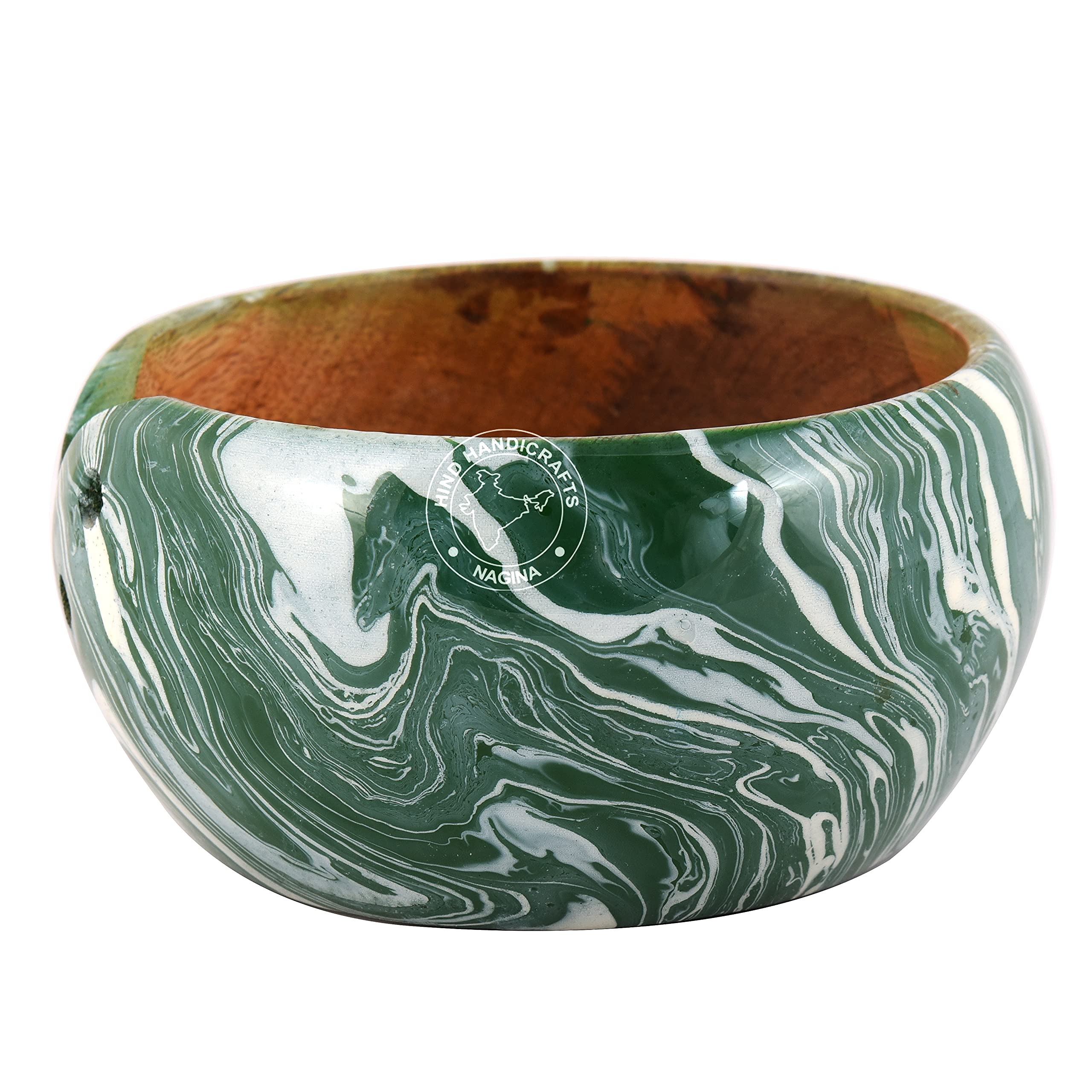 Hind Handicrafts Premium Solid Dark Handmade Crafted Wooden Portable - Antique Yarn Storage Bowl - Holder for Knitting Crochet Hook Accessories (6" x 6" x 3", Green Waves)