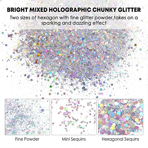 HTVRONT Holographic Chunky Glitter, 100g Silver Chunky Glitter for Resin, 3.53oz Iridescent Glitter Chunky Mixed with Fine Glitter, Shaker Cap Chunky Glitter for Tumbler, Nail, Makeup Craft Glitter