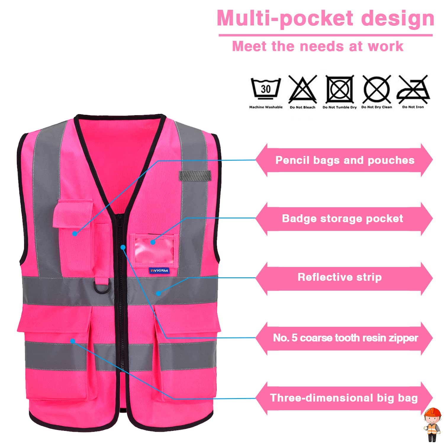 A-SAFETY Pink High Visibility Vest,Reflective Safety Vest Workwear 7 Pockets Hi Vis Durable Vest with Reflective Tapes 4 Lower Pockets,Small