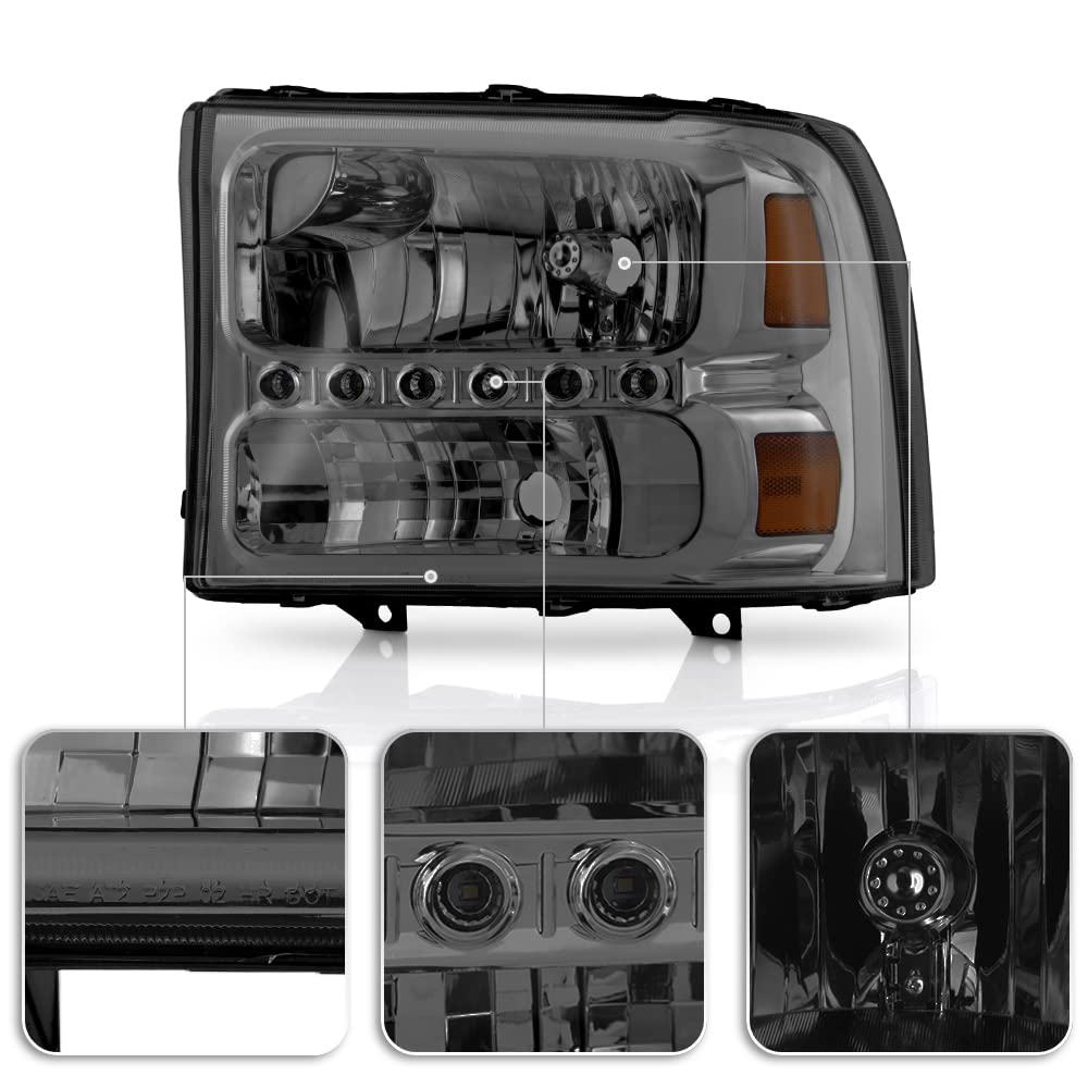 ACANII - For Smoke Len 1999-2004 Ford F250 F350 F450 Superduty LED Headlights 99-04 Headlamps Driver + Passenger Side