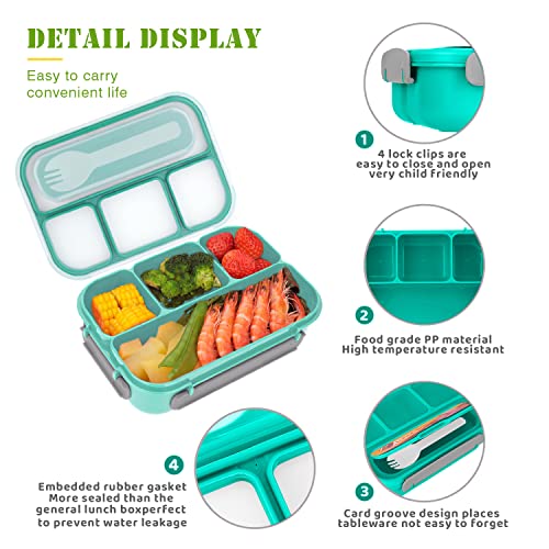 Bento Box, Lunch Box Containers for Toddler/Kids/Adults, 1300ml-4 Compartments&Fork, Leak-Proof, Microwave/Dishwasher/Freezer Safe, Bpa-Free(Green)