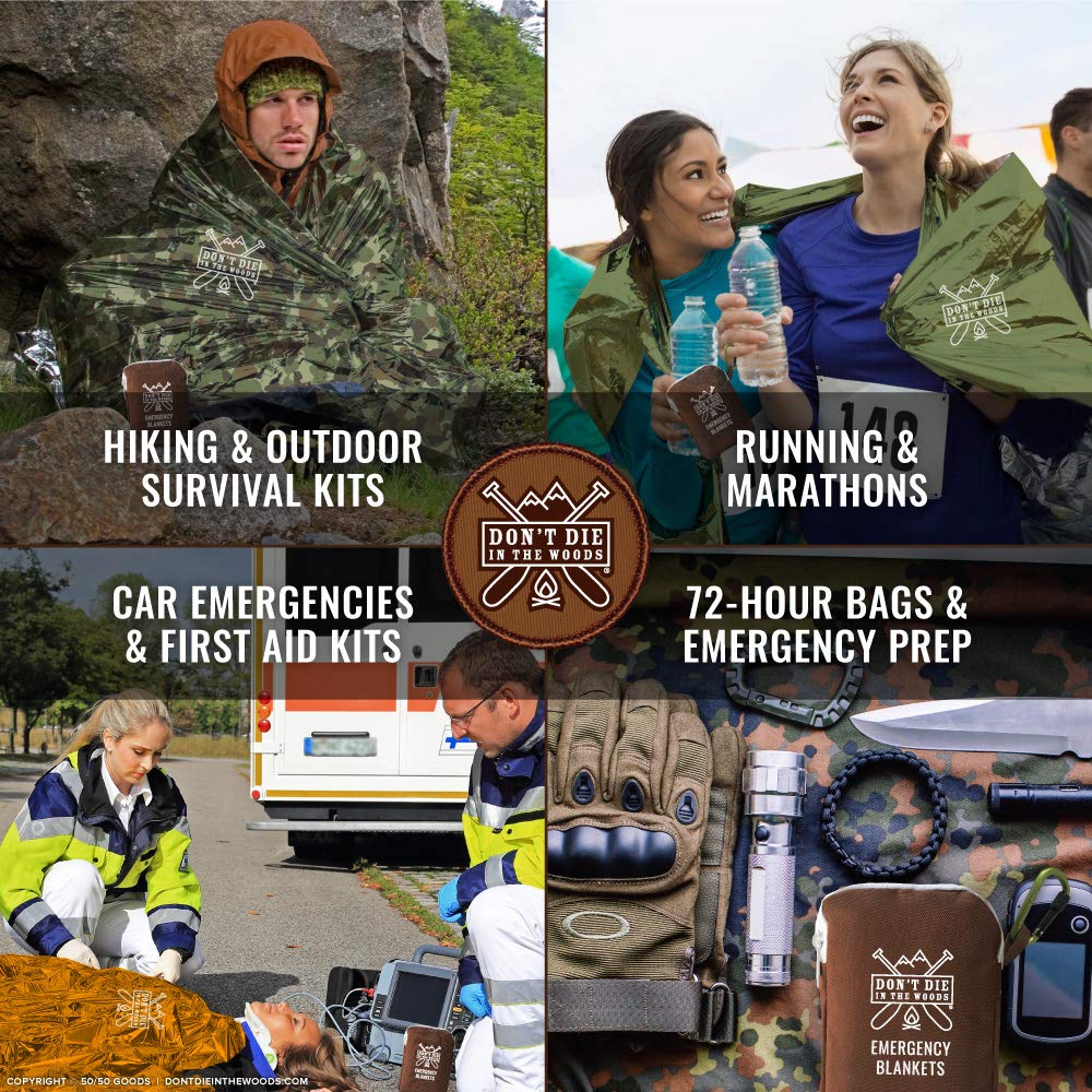 Don't Die In The Woods - Freakin’ Huge Emergency Blankets [4-Pack] Extra-Large Thermal Mylar Space Blankets with Ripstop Nylon Stuff Sacks + Carabiner Zipper Pack [Woodland Camo]