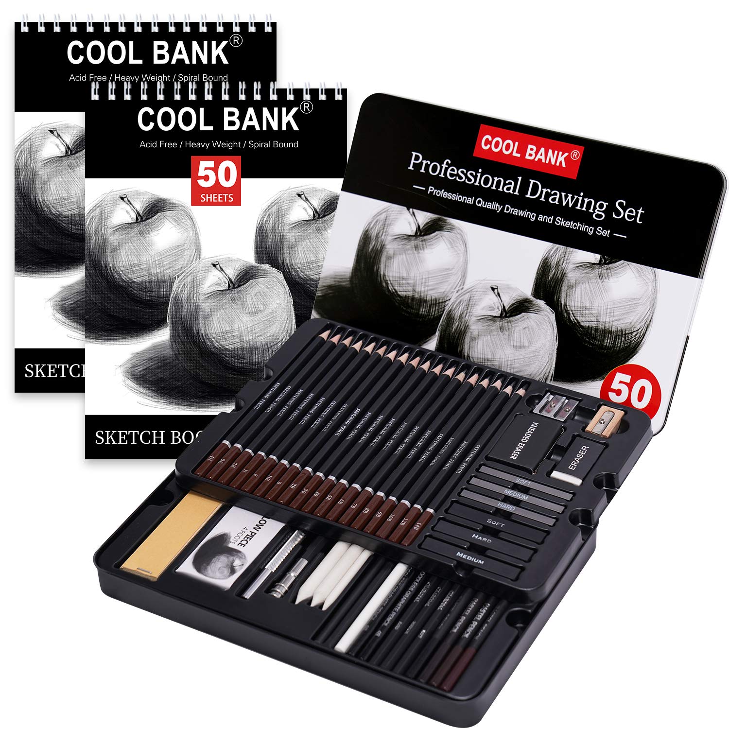 52-Piece Drawing Set with Pencils, Charcoals, Pastels - Includes 2 Drawing Pads, Sharpener, Art Supplies in Tin Box