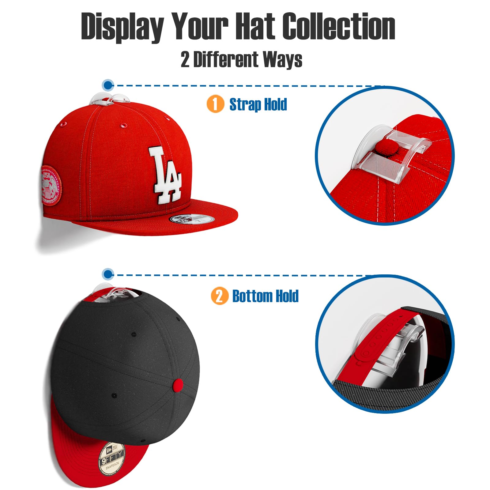 MSKEI Hat Hooks for Wall - 2 Different Ways Hat Racks & Display Baseball Caps, Adhesive Hat Wall Hanger, Hat Organizer Holder (Transparent, 12 Pack)