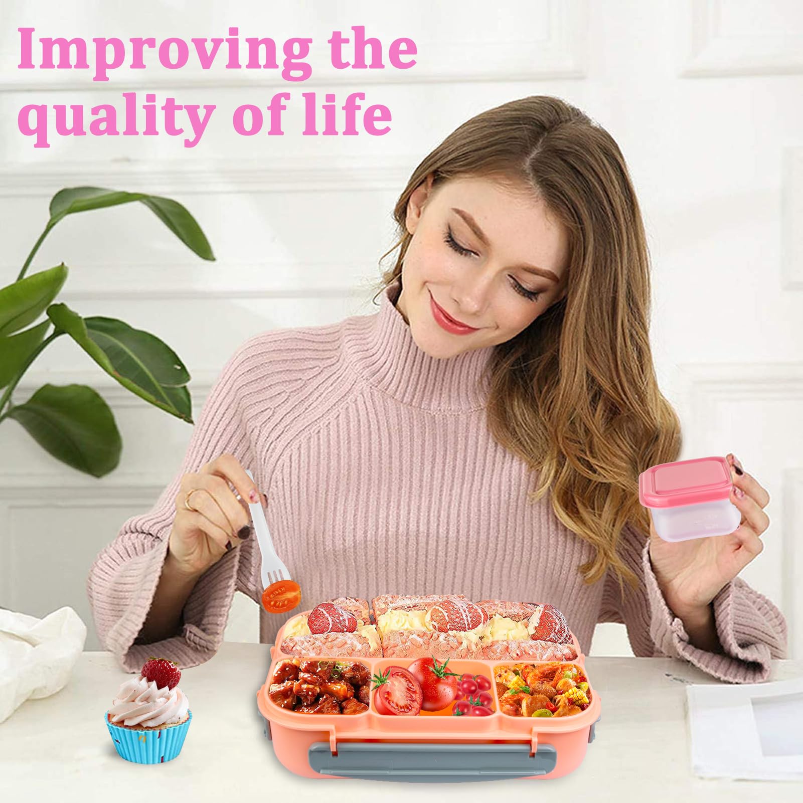 52Pcs Bento Box Lunch Box Kit, 1300ML Lunch Container for Kids/Adults/School, Durable Leak-proof Box 4 Compartments with Lunch Bag,Spoon,Fork,Accessories,for Dishwasher Refrigerator Microwave(Pink)