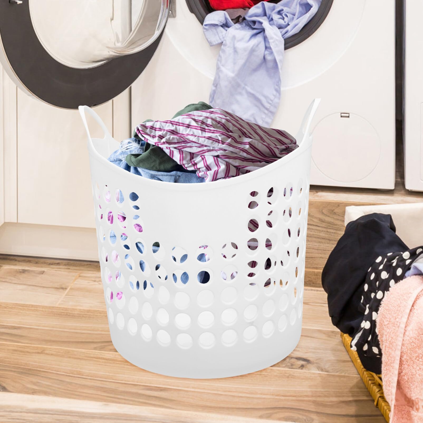 Amosfun Flexible Laundry Basket, Hollow Laundry Baskets With Handle Wide Mouth Hamper Plastic Dirty Clothes Storage Basket Toy Bin for Clothes Bedroom Storage, White 30L