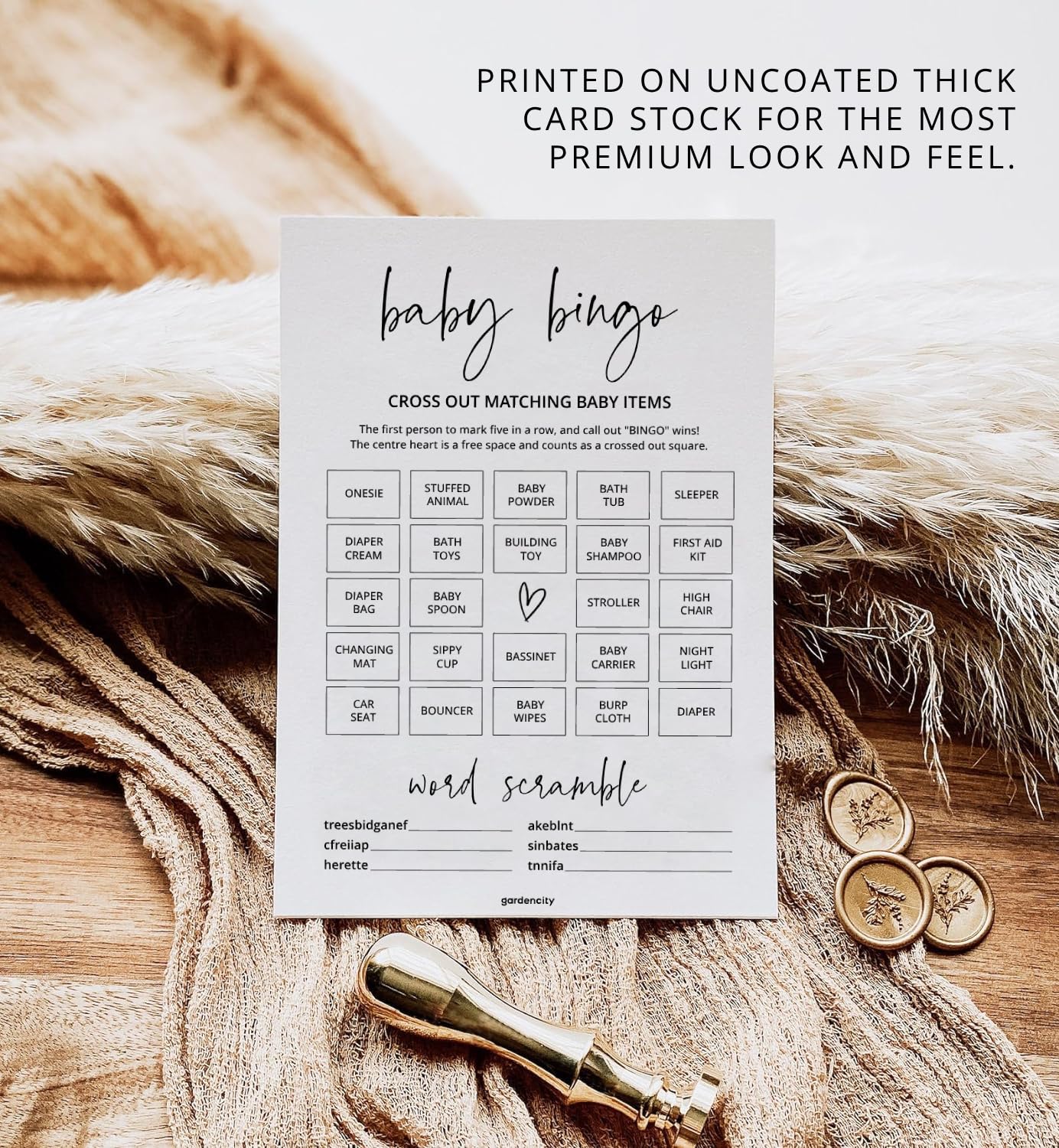 Baby Shower Bingo Game (50 Unique Cards), Pre-Filled, Baby Shower Games, Added Word Scramble (Minimalist)