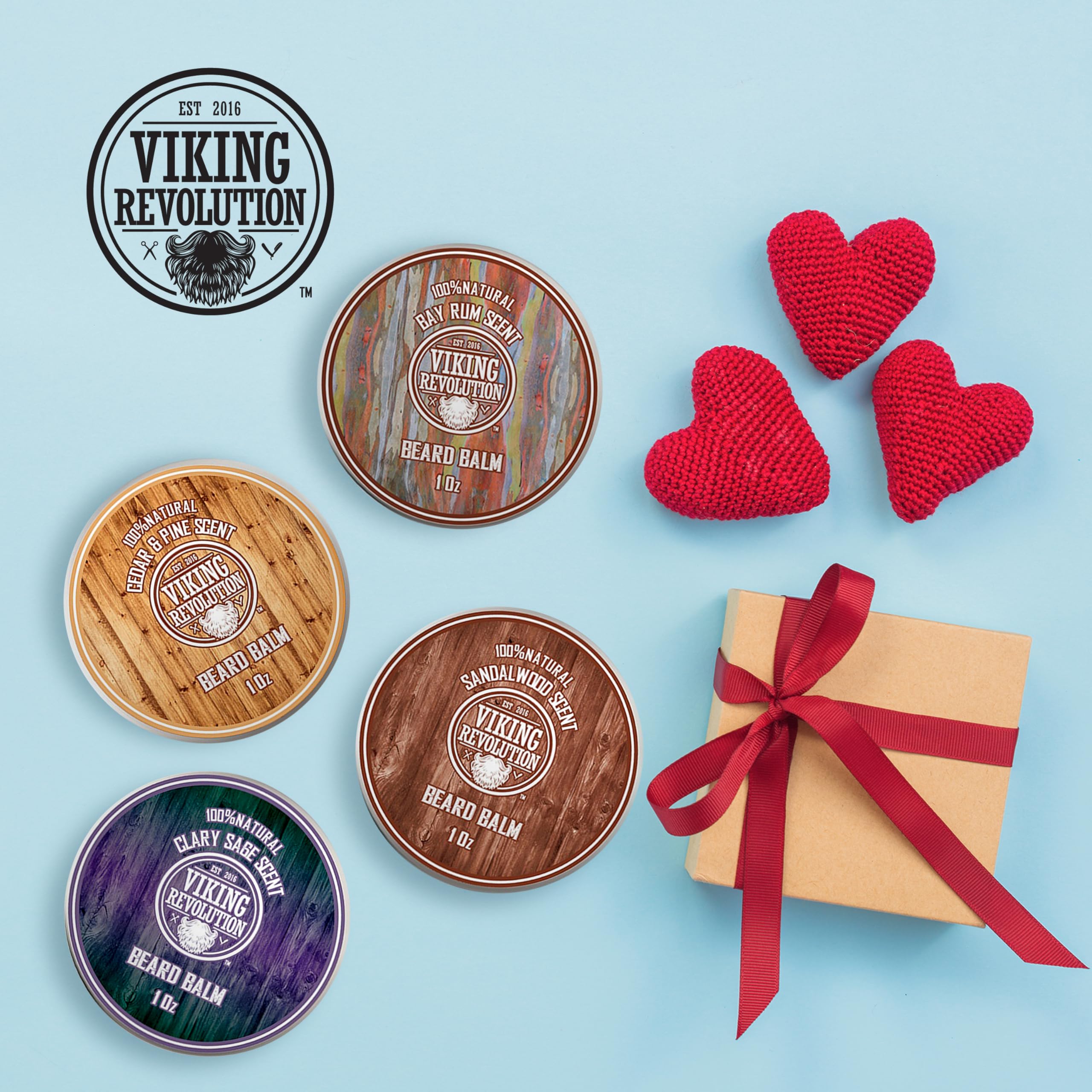 Viking Revolution 4 Beard Balm Variety Pack (1oz Each)- Sandalwood, Pine & Cedar, Bay Rum, Clary Sage - Beard Butter Styles, Strengthens and Softens Beards and Mustaches - Beard Wax for Men
