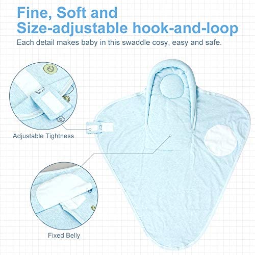 Knirose Swaddle Blankets, Unisex Baby Wrap for Newborn Baby Boys Girls with Head-Protecting & Head-Supporting Function, Wearable Swaddle Sleep Sack Made of Combed Cotton (Button, Blue, 0-3 Months)
