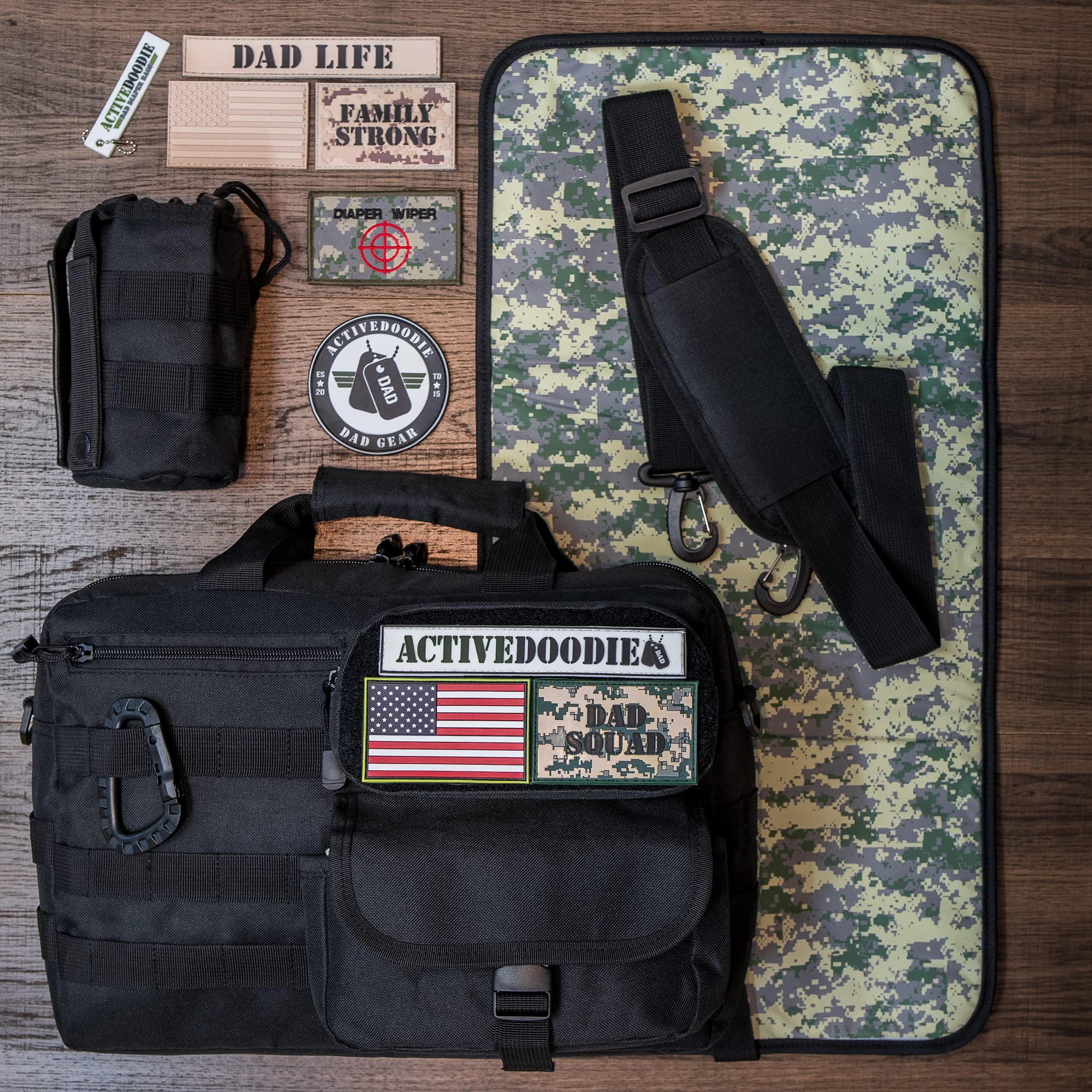 ActiveDoodie Dad Diaper Bag Messenger Combo with Changing Pad, Removable Molle Bottle Holder, Black with 8 Morale Patches