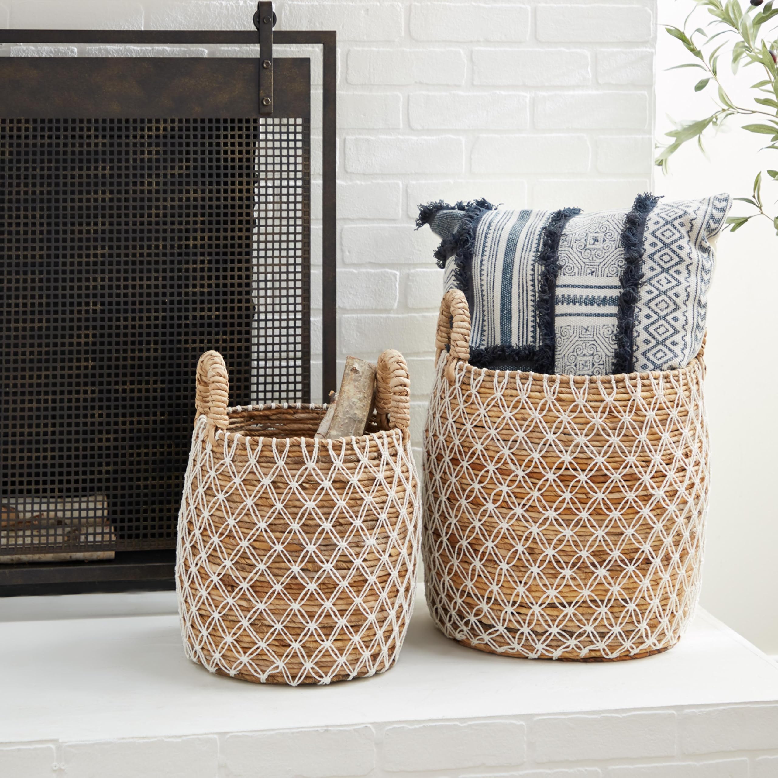 Deco 79 Banana Leaf Handmade Decorative and Functional Storage Basket String Detail Basket Organizer with Handles, Set of 2 Basket for Storage 19", 17"H, Brown