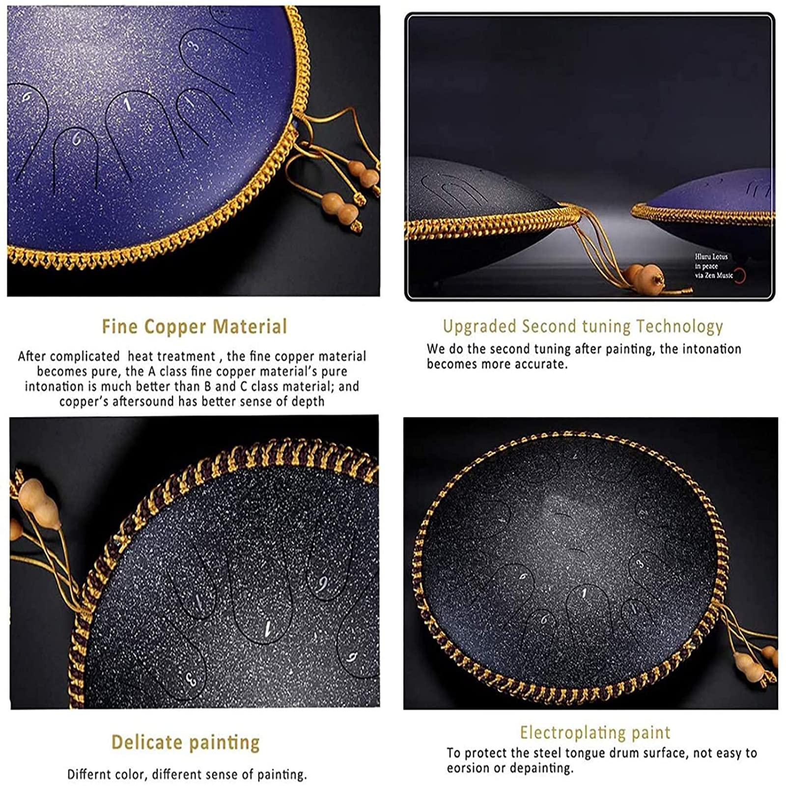 Steel Drum 15 Notes Steel Tongue Drum 13 Inch Tank Drum Zen Drum With Mallets Travel Bag For Beginner Music Lovers Gift (Obsidian)