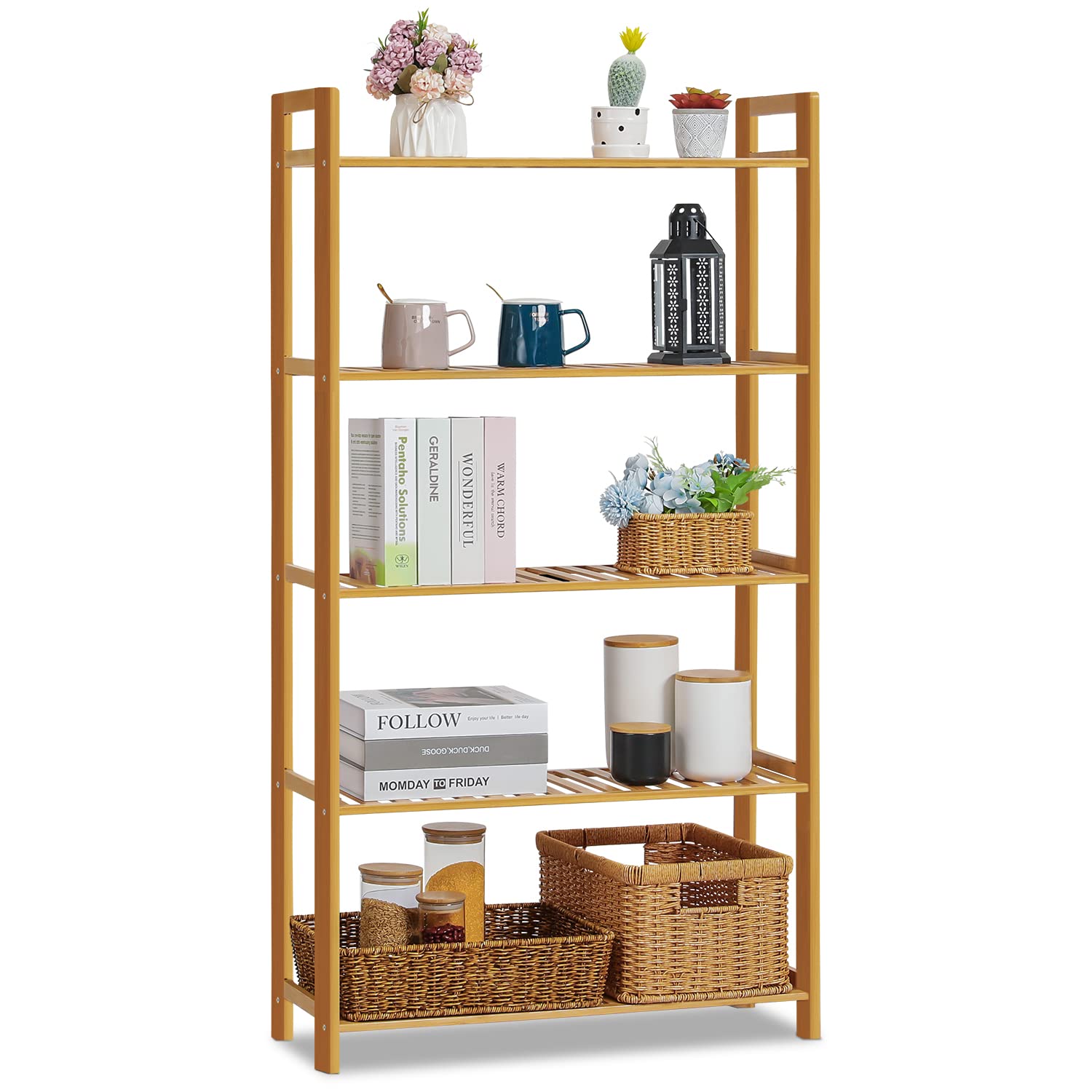 MoNiBloom 5 Tier Bamboo Shoe Rack with Handles, Bamboo Adjustable Storage Shoe Stand Organizer for 16-20 Pairs Home Entryway Hallway Office Bedroom Balcony, Natural